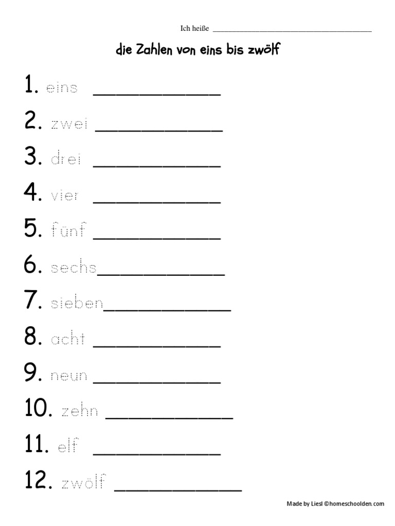 Die Zahlen Von Eins Bis Zwölf Eins Bis Zwanzig German Numbers Worksheet ...