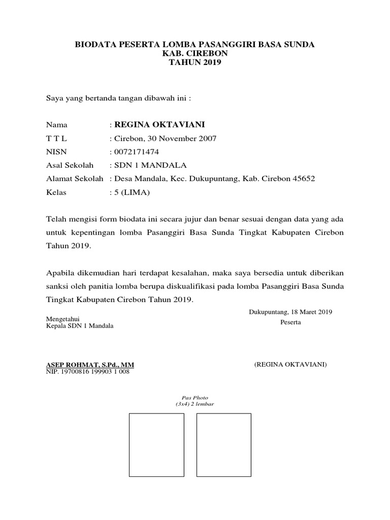 Biodata Peserta Lomba Calistung | PDF
