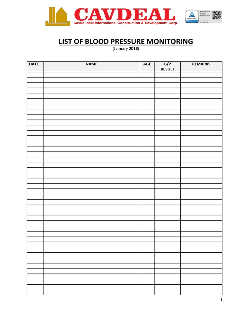 Blood Pressure Monitoring Sheet | PDF | Blood | Physiology