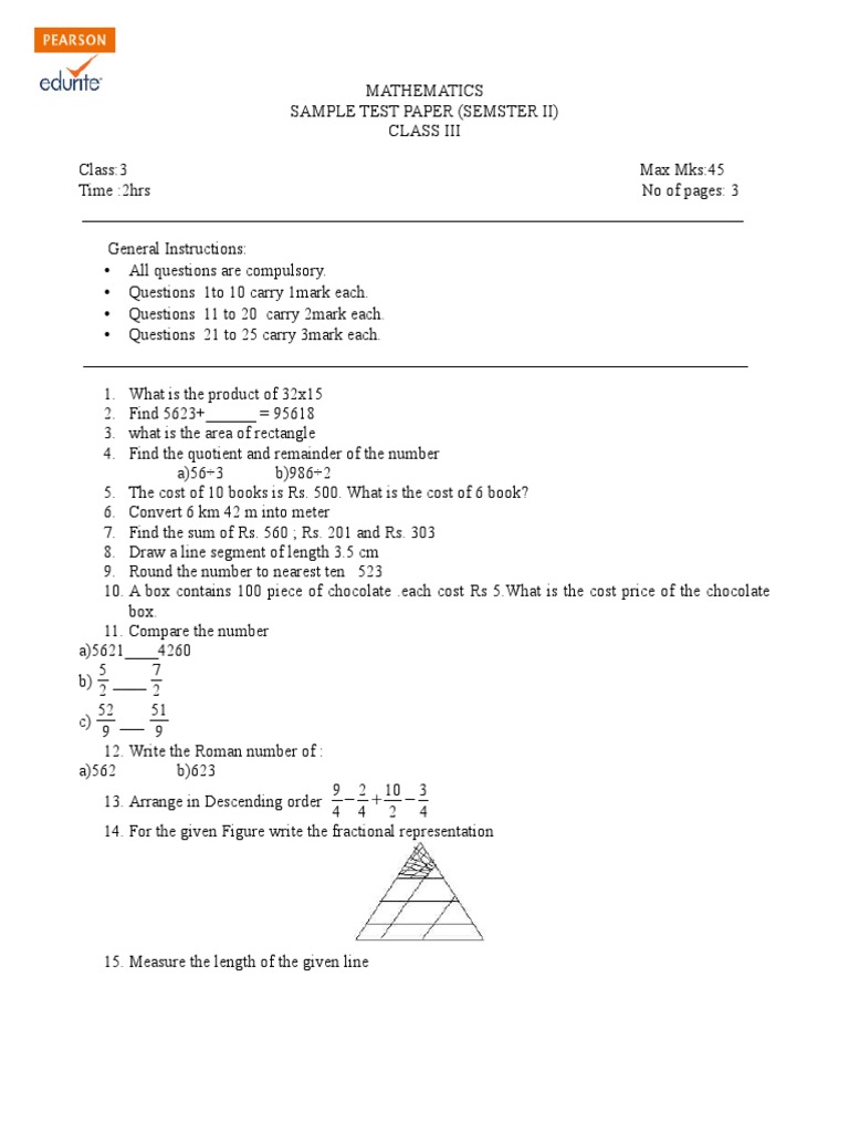 Class 3 Maths Sample Test Paper II | PDF | Elementary Mathematics ...