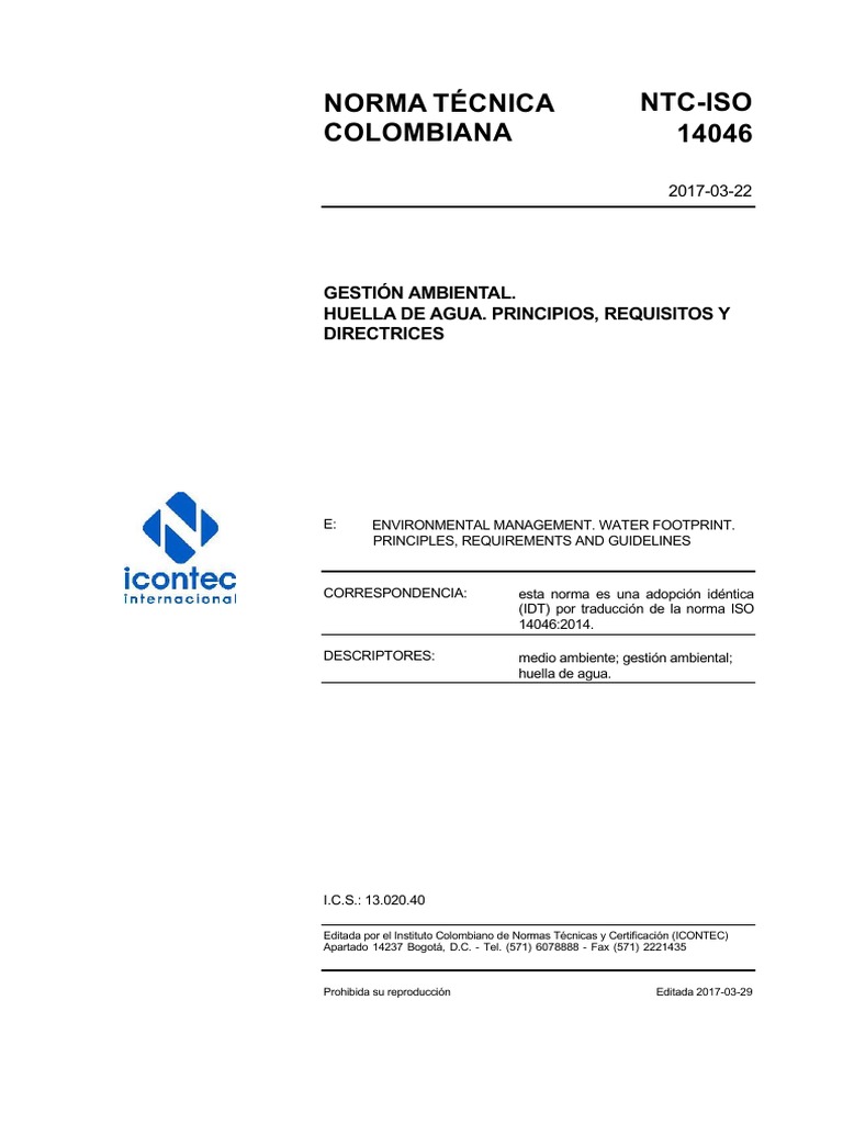 Norma Técnica Colombiana Ntc-Iso 14046: Gestión Ambiental. Huella de Agua. Principios ...