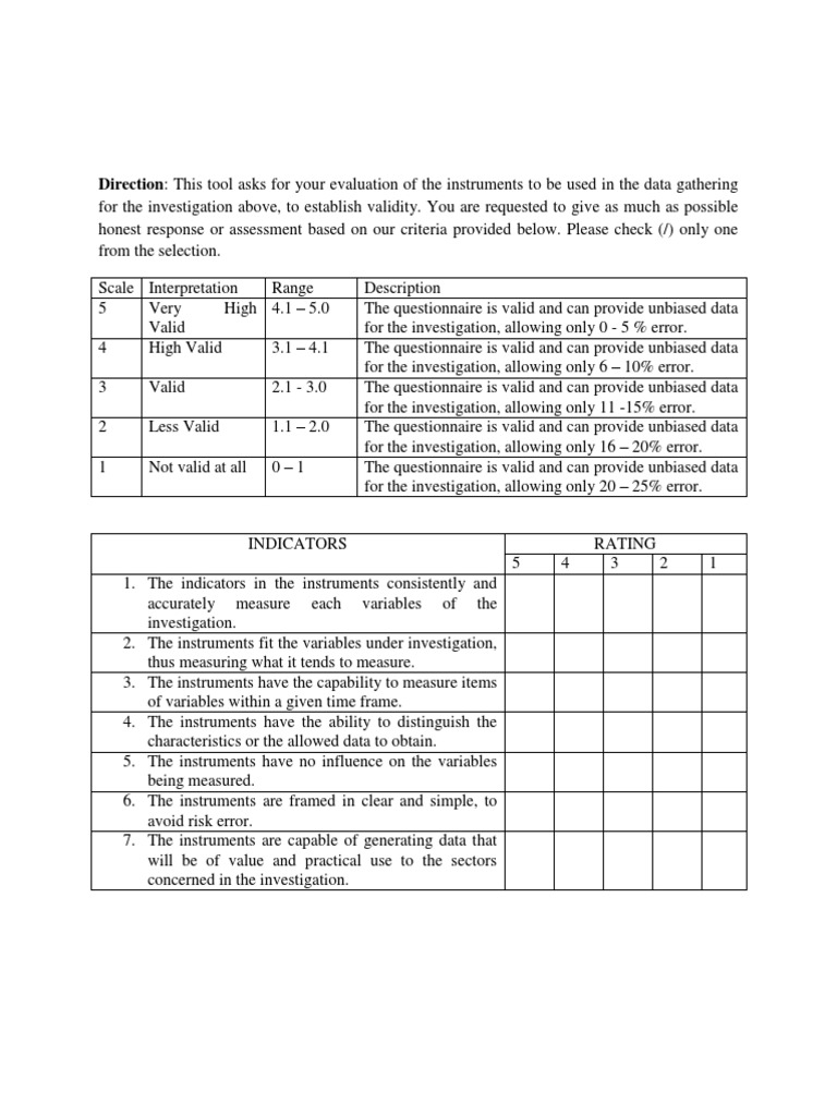 Direction: This Tool Asks For Your Evaluation of The Instruments To Be ...