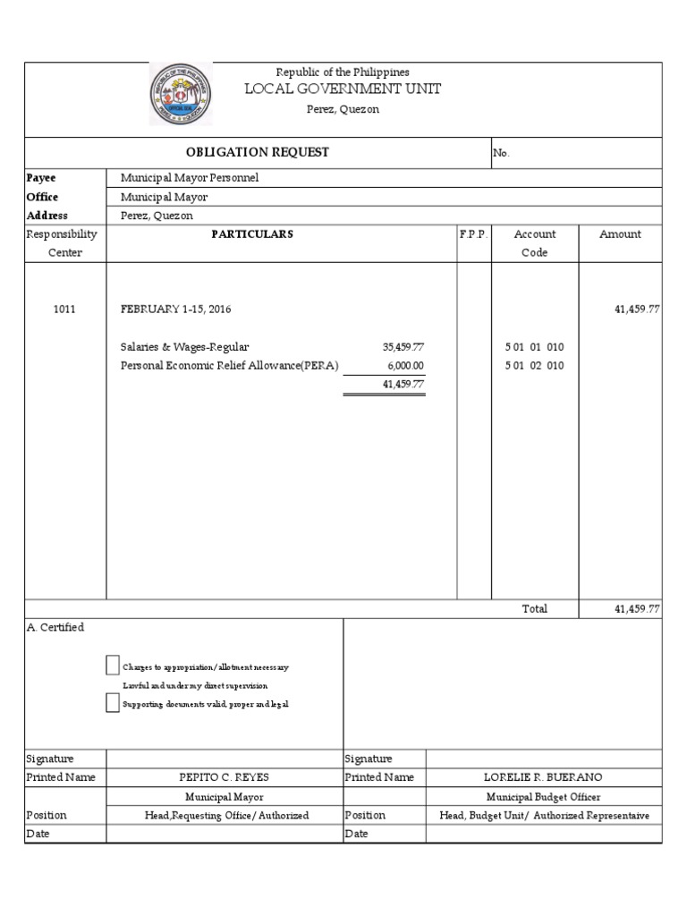 Local Government Unit: Obligation Request | PDF | Local Government ...