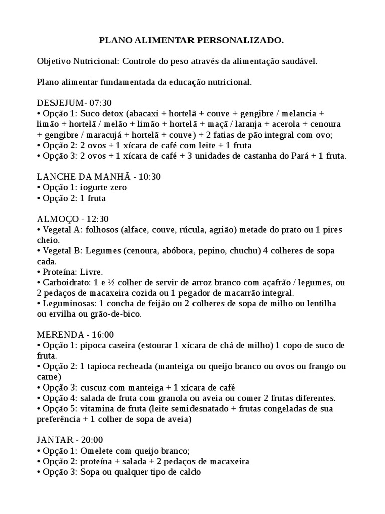 Plano Alimentar Personalizado. | PDF