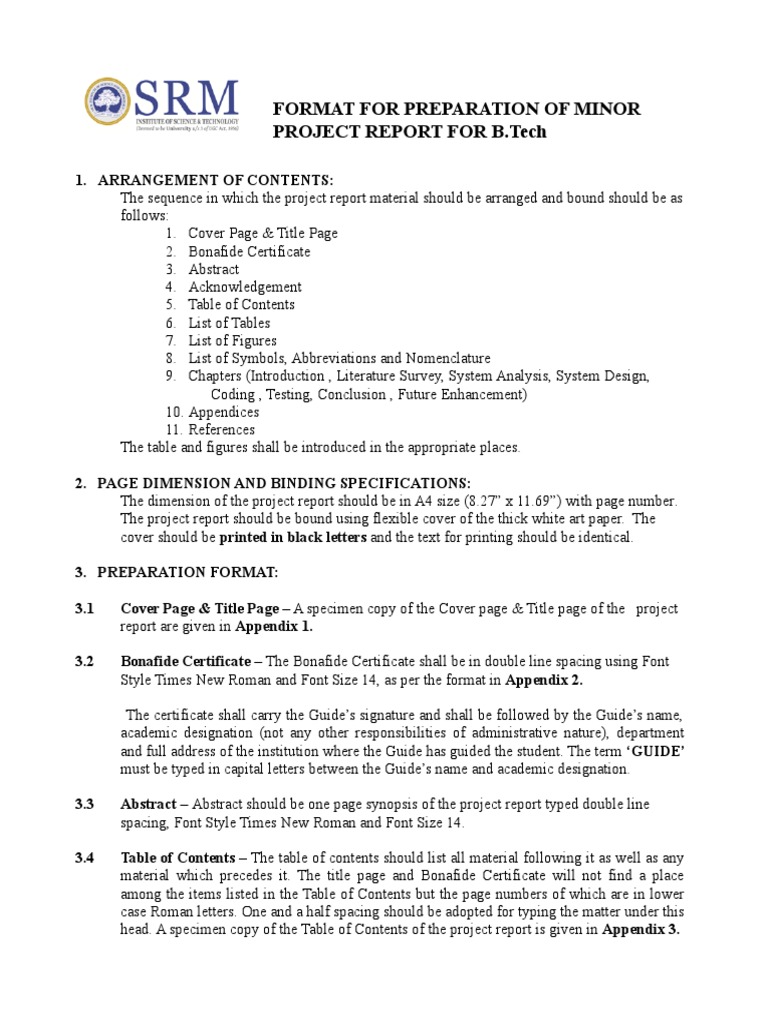 SRM UG Minor Project Report Format-1 | PDF | Times New Roman | Table Of ...