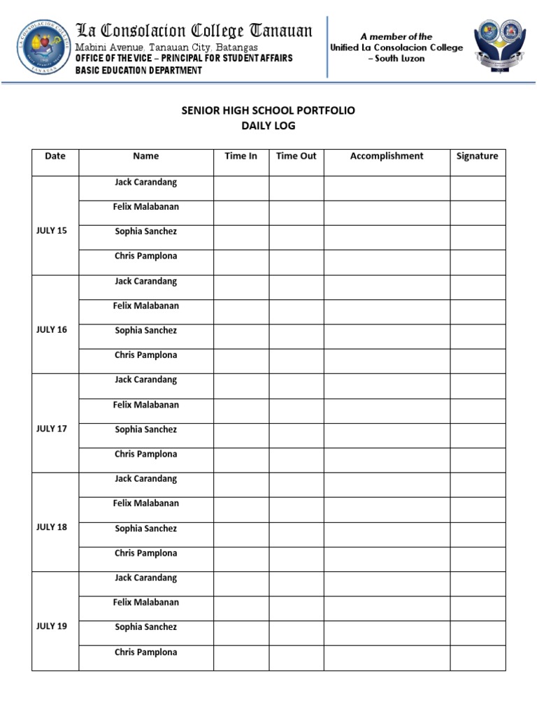 Senior High School Daily Log Template | PDF