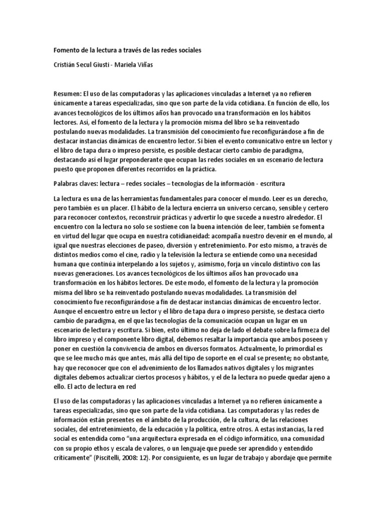 Fomento de La Lectura A Través de Las Redes Sociales | PDF | Servicio ...
