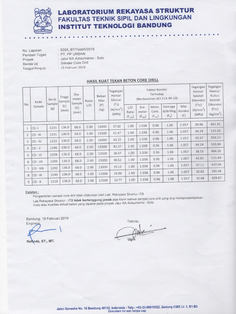 Hasil Test Core Drill | PDF