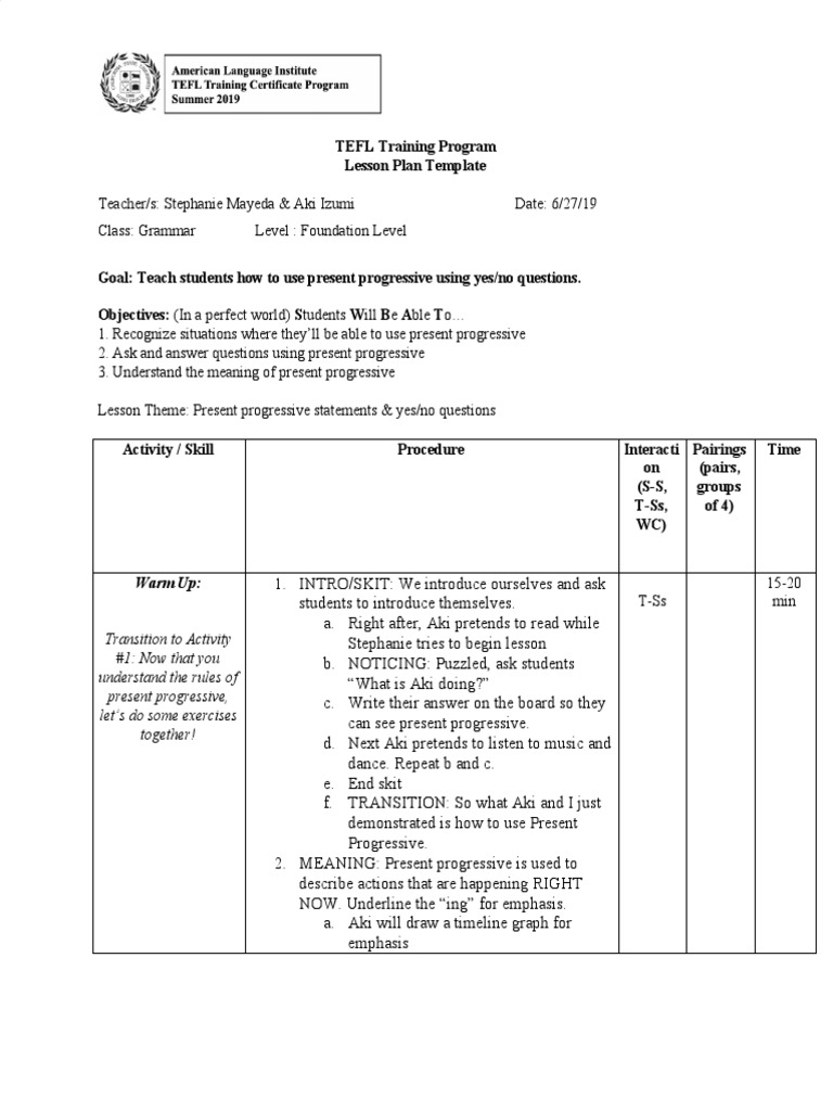 TEFL Training Program Lesson Plan Template: Warm Up | PDF | Lesson Plan ...