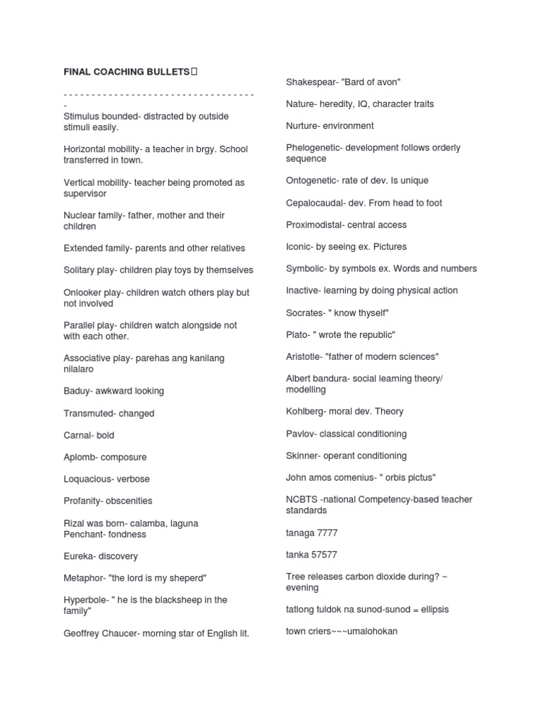 Final Coaching Bullets | PDF | Sustainability | Neuropsychological Assessment