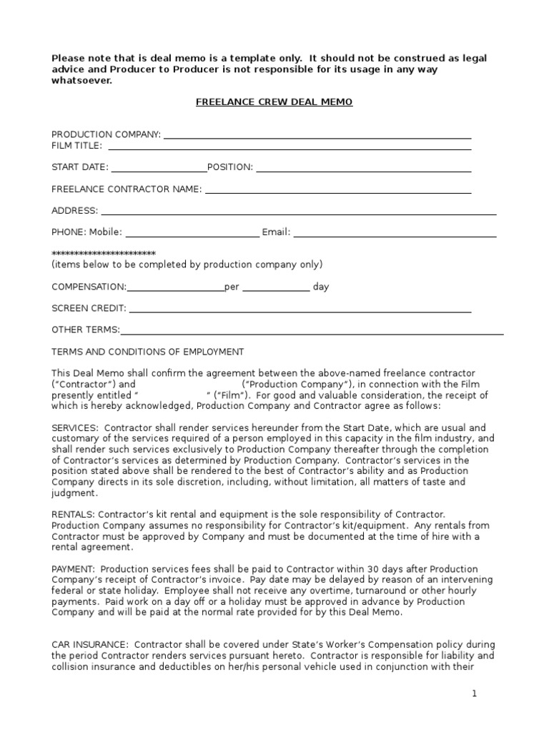 Freelance Crew Deal Memo Template | PDF | Arbitration | Service Of Process