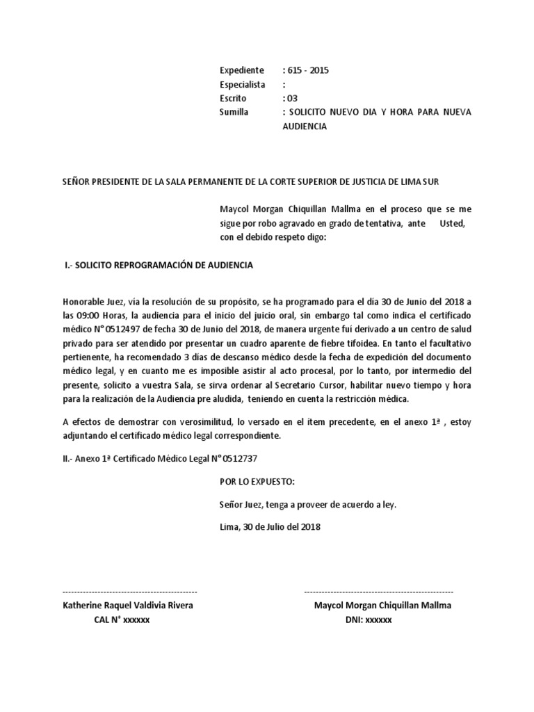 Escrito Reprogramacion de Audiencia - Juicio Oral | PDF