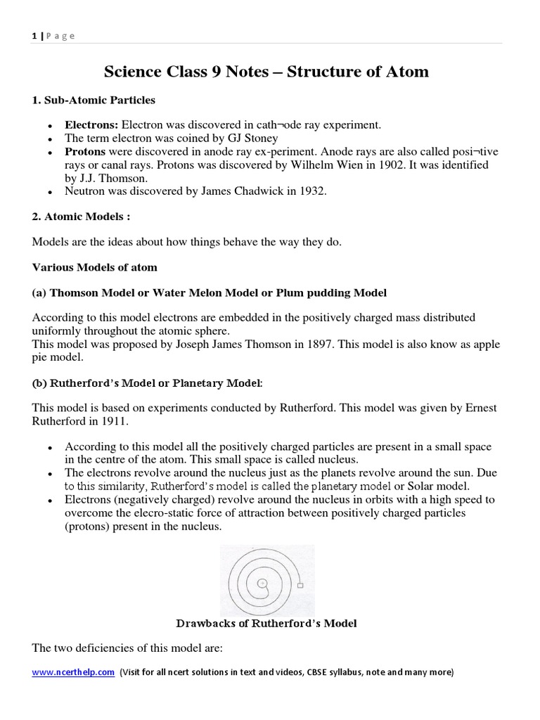Science Notes For Class9th Cbse | PDF | Atoms | Energy Level