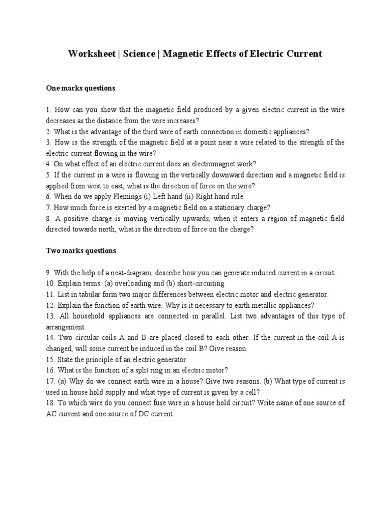 Worksheet - Science - Magnetic Effects of Electric Current: One Marks ...