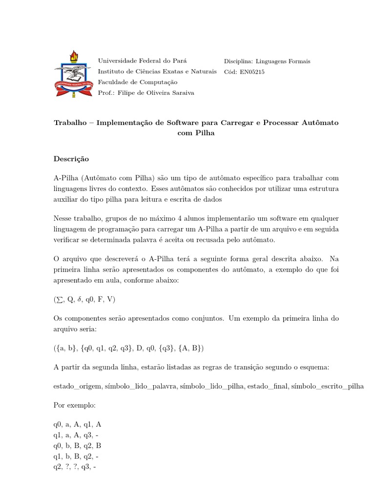 Exemplo de Trabalho Com Automato de Pilha | PDF | Programas | Linguagem ...