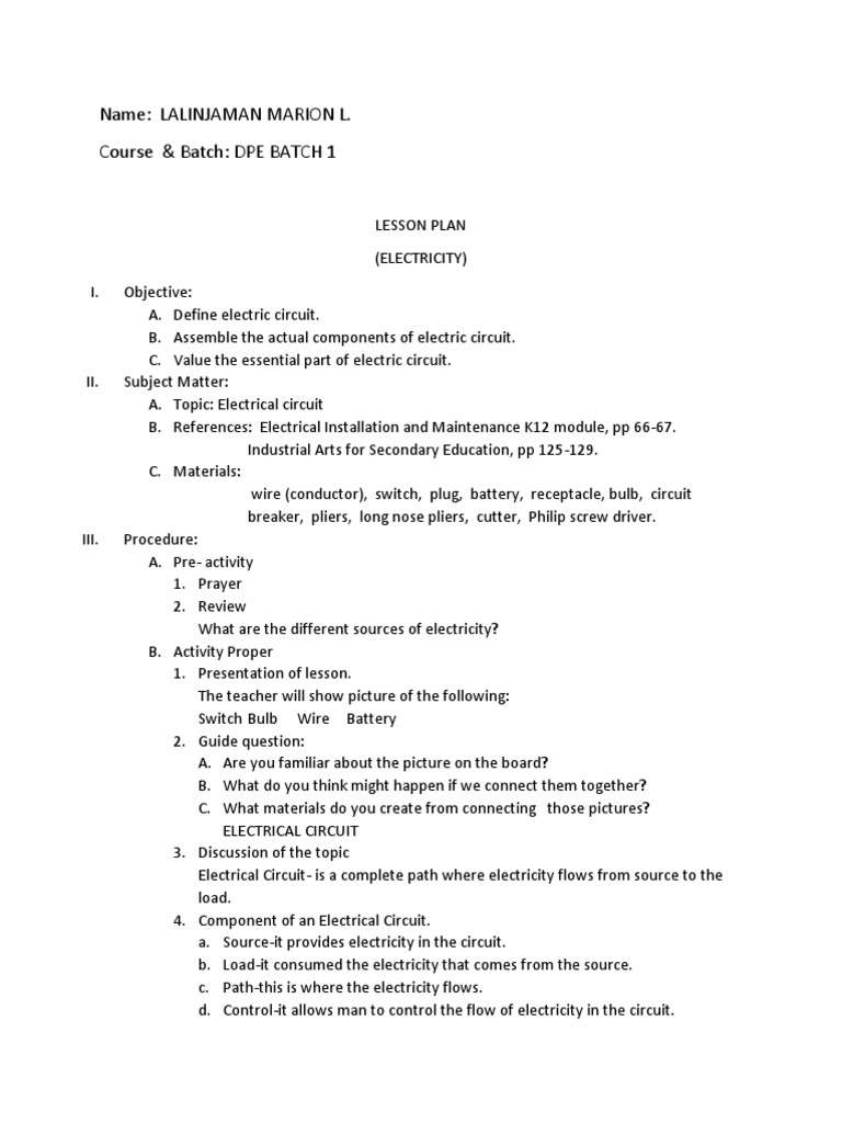 Lesson Plan Do | PDF | Lesson Plan | Electricity