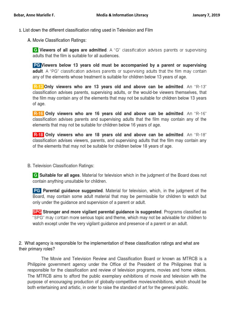 List Down The Different Classification Rating Used in Television and ...