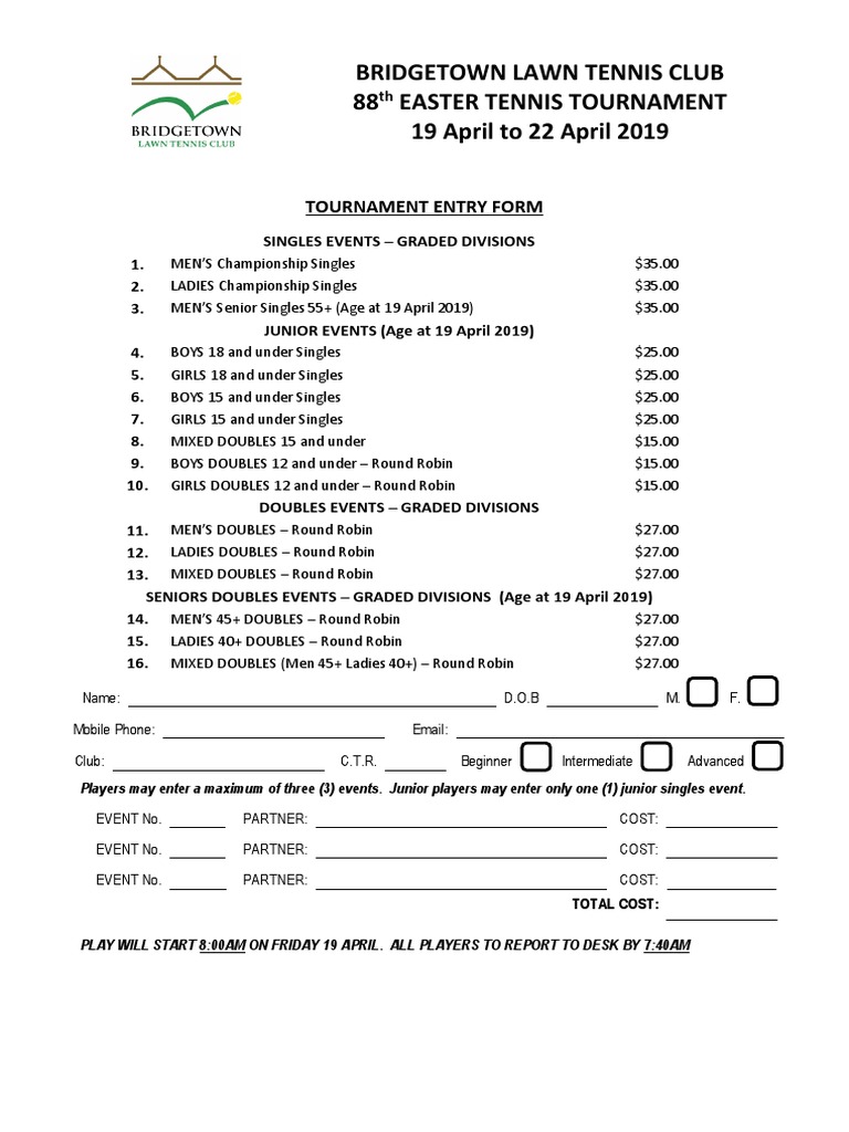 Bridgetown Easter Tennis Tournament Entry | PDF | Sports Rules And ...
