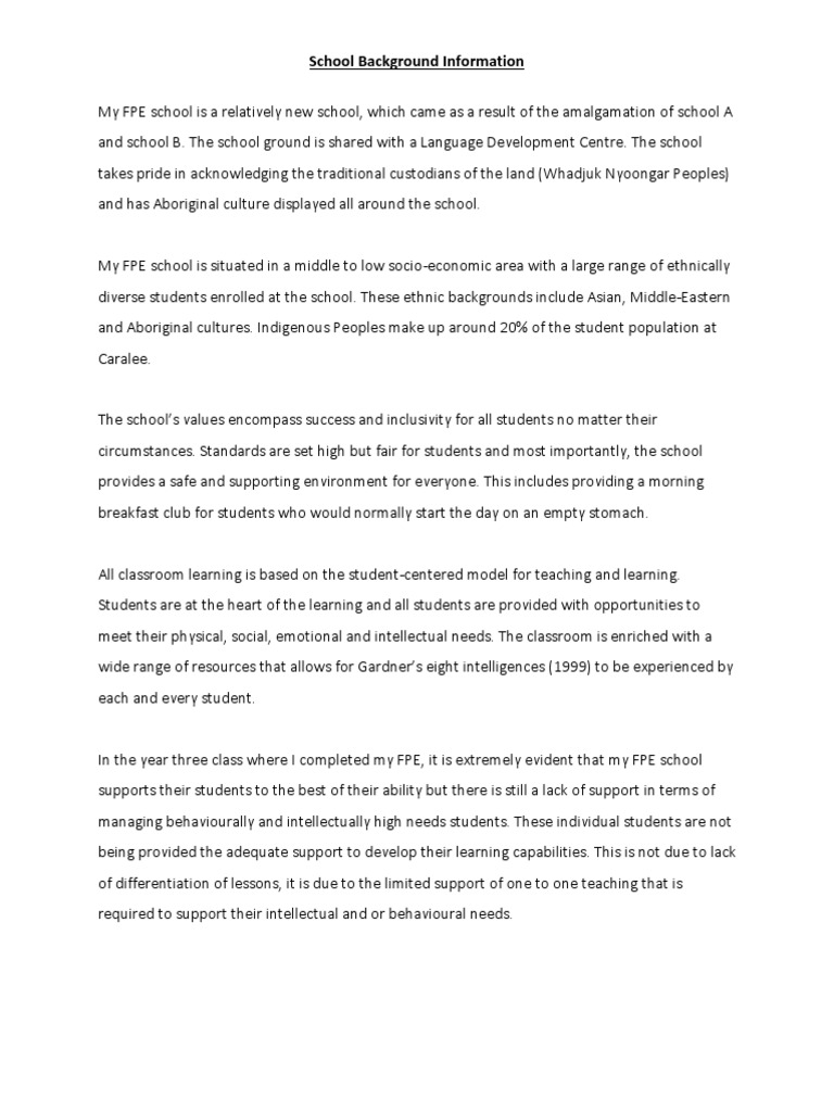 FPE School Overview: Diversity & Support Needs | PDF
