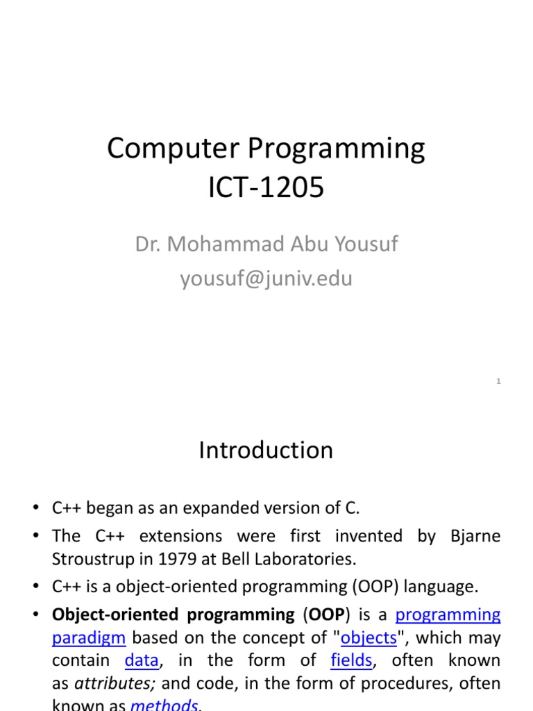 Computer Programming ICT-1205: Dr. Mohammad Abu Yousuf Yousuf@juniv ...
