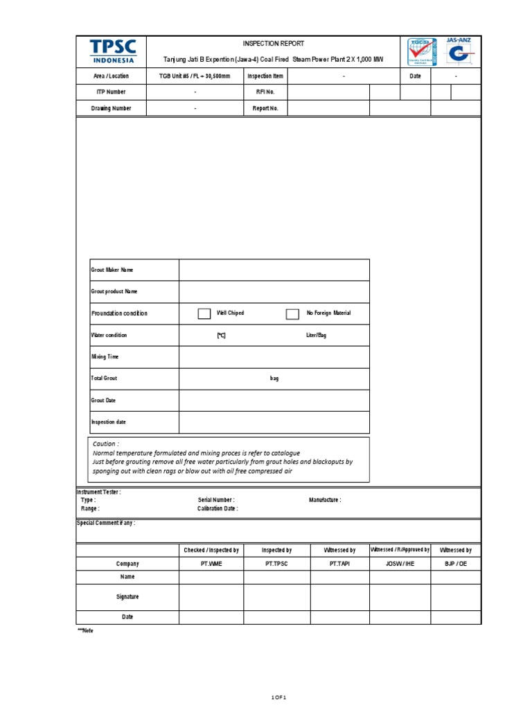 Grouting Format Report (Electrical Panel) | PDF