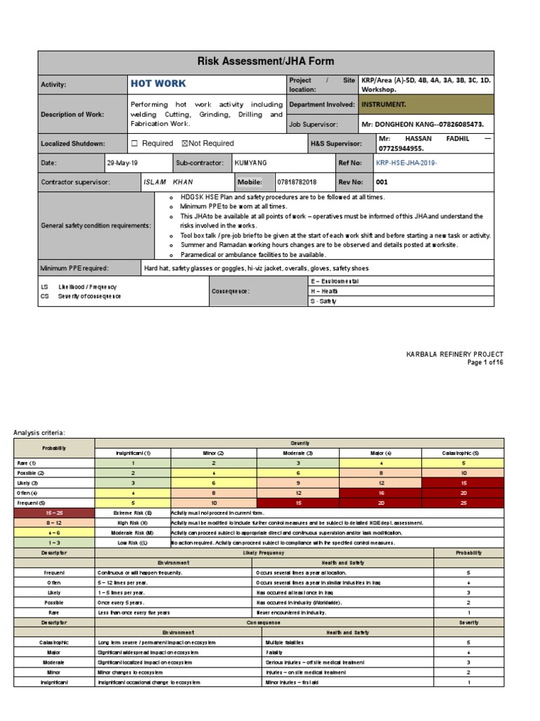 Hot Work Risk Assessment Template | PDF | Personal Protective Equipment ...