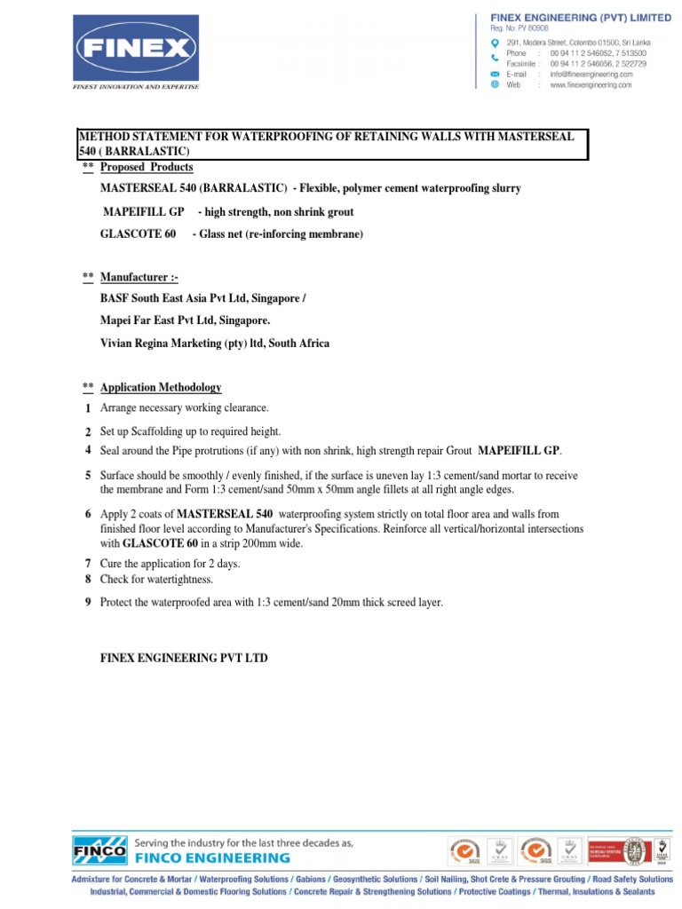 Water Proofing Method Statement Barralastic Pdf