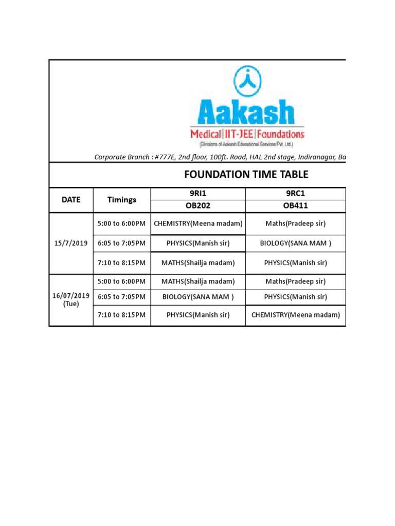 Foundation Time Table: Date Timings 9RI1 9RC1 OB202 OB411 | PDF