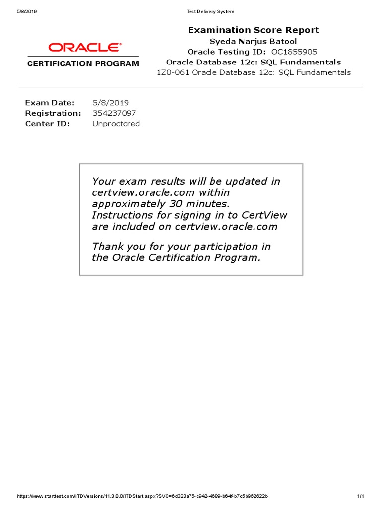 Oracle Exam Score Report | PDF
