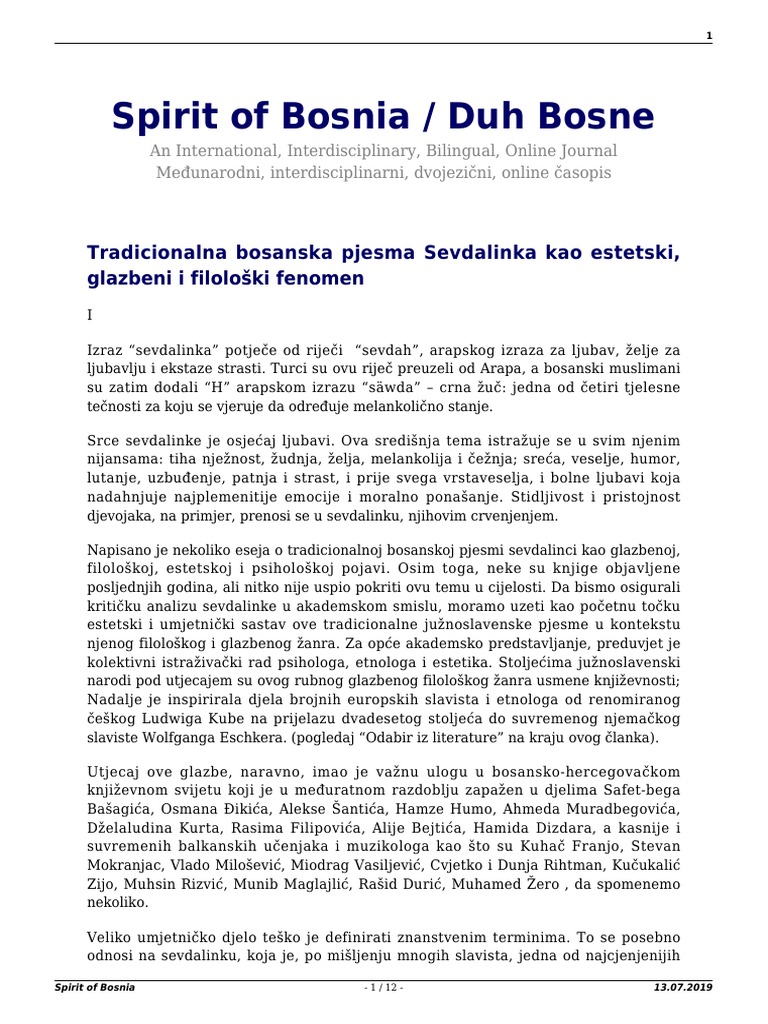 The Traditional Bosnian Song Sevdalinka As An Aesthetical Musical and ...