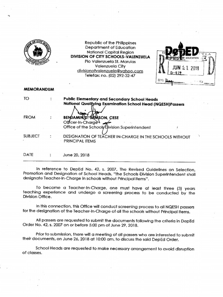 Designation of Teacher in Charge in The Schools Without Principal Items ...