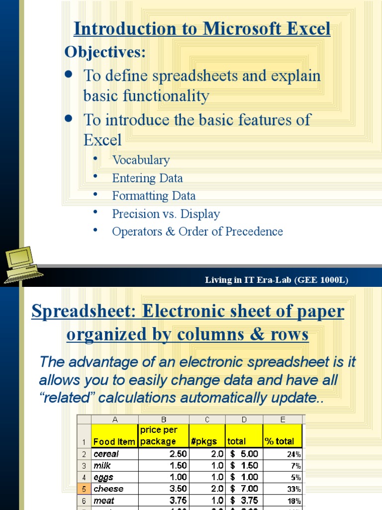 Introduction To Microsoft Excel: Objectives | PDF | Spreadsheet ...
