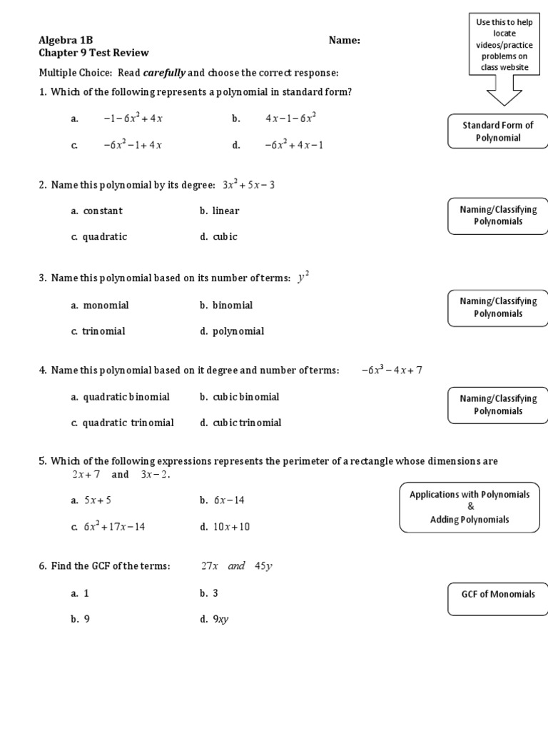 1 6x 4x 4x 1 6x 6x 1 4x 6x 4x 1: Algebra 1B Name: Chapter 9 Test Review ...