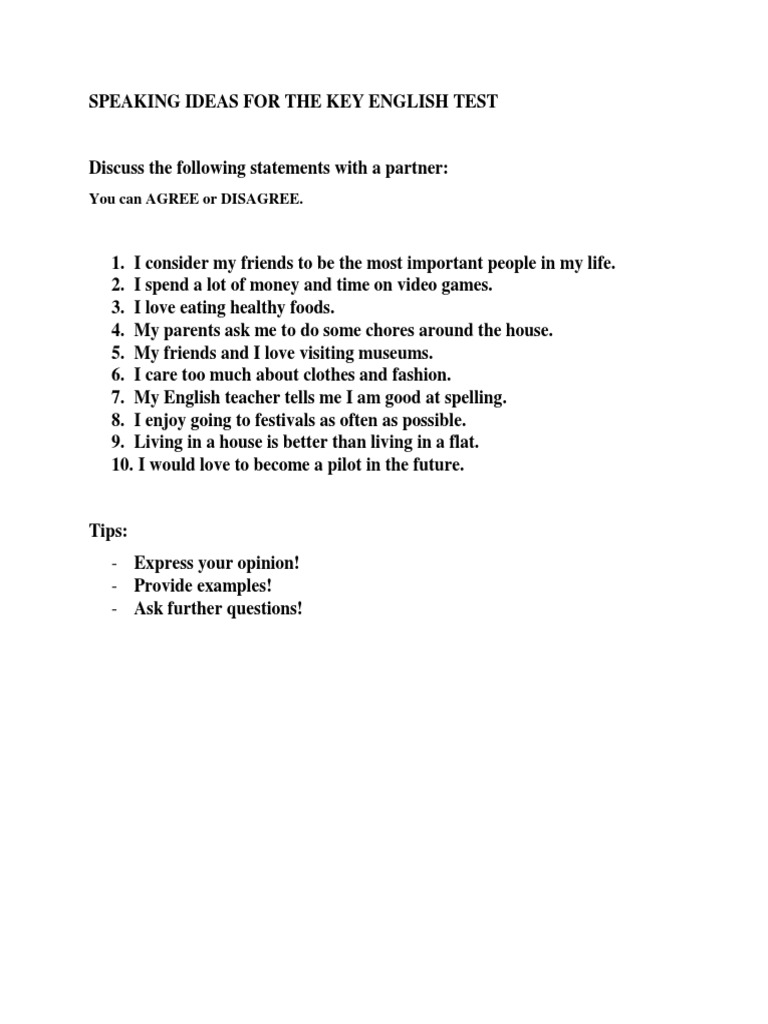 Speaking Ideas For The Key English Test | PDF