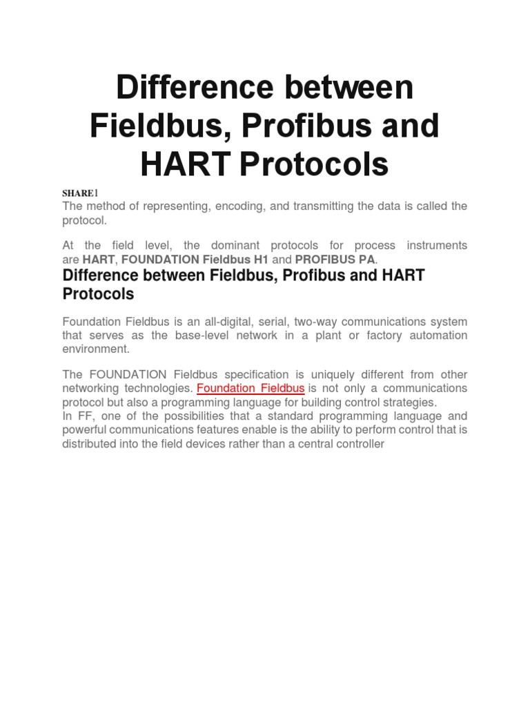 Difference Between Fieldbus, Profibus and HART Protocols | PDF ...