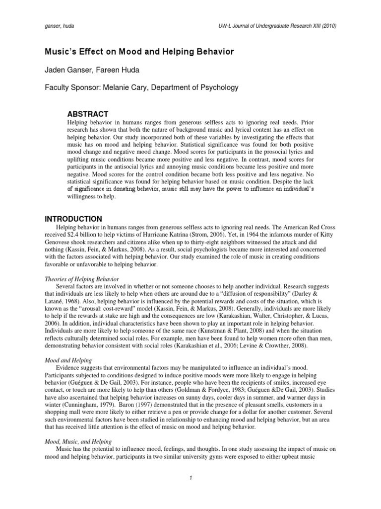 Music's Effect On Mood and Helping Behavior | PDF | Mood (Psychology ...