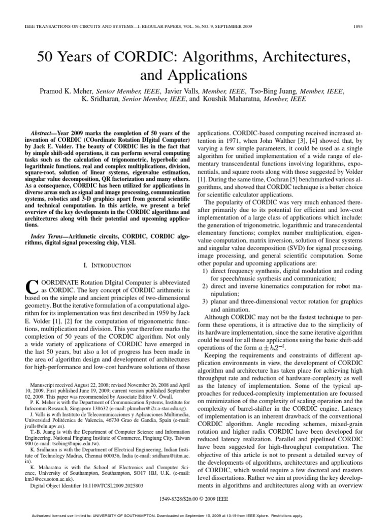 50 Years of CORDIC: Algorithms, Architectures, and Applications | PDF | Teaching Mathematics ...