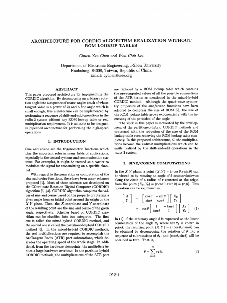 Architecture For Cordic Algorithm Realization Without ROM Tables | PDF ...