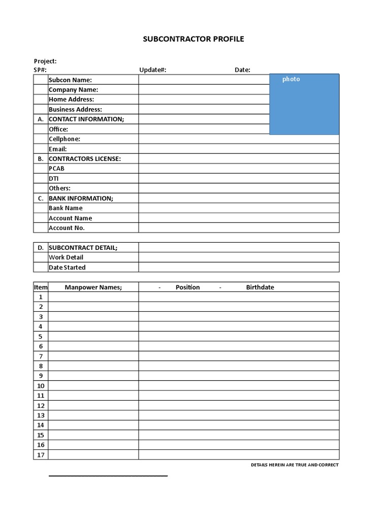 Subcontractor Profile: Subcon Name: Company Name: Home Address ...