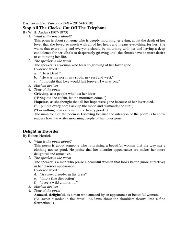 Auden's "Stop All The Clocks" Analysis | PDF | Classics