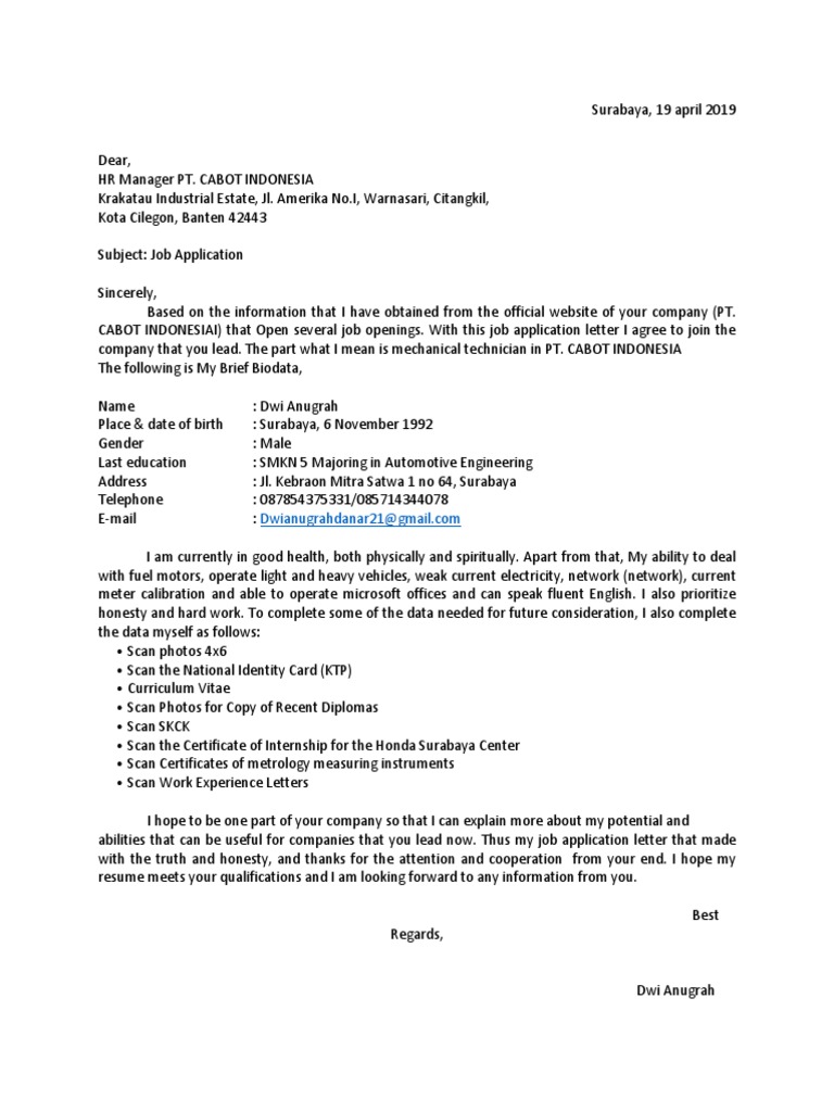 Job Application PT - CABOT INDONESIA | PDF | Career & Growth