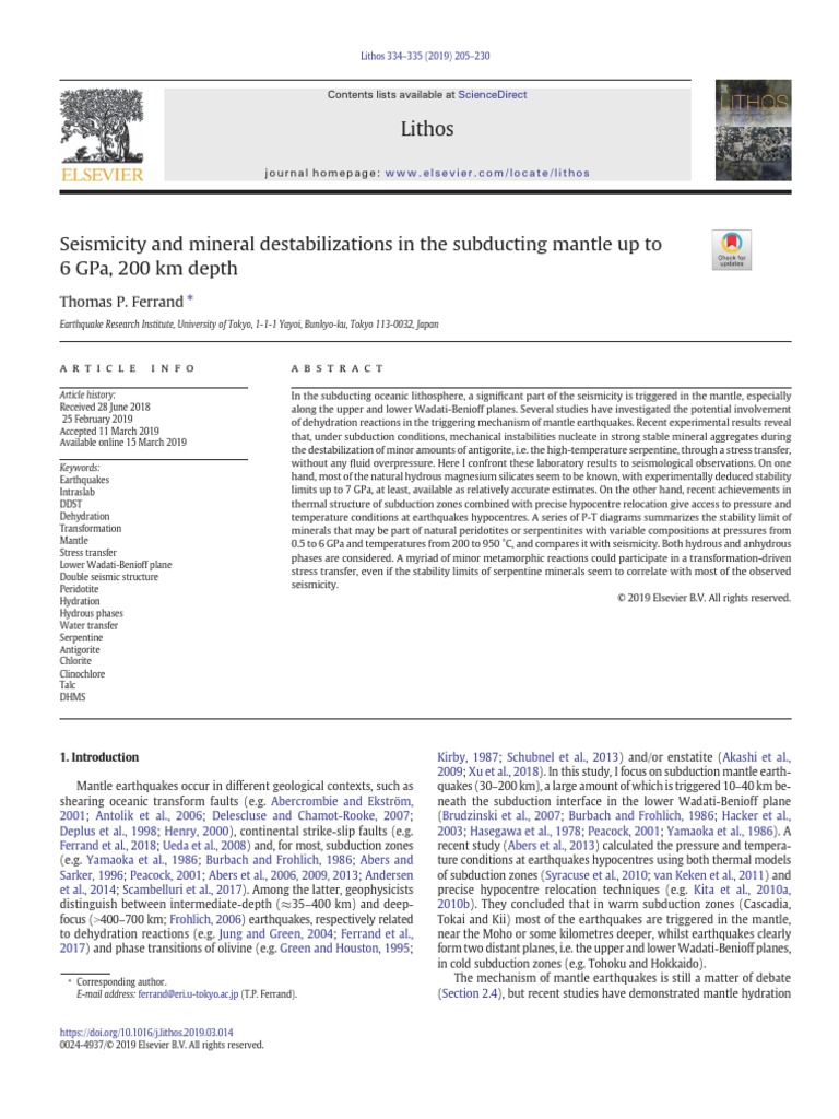 Seismicity and Mineral Destabilizations in The Subducting Mantle Up To ...