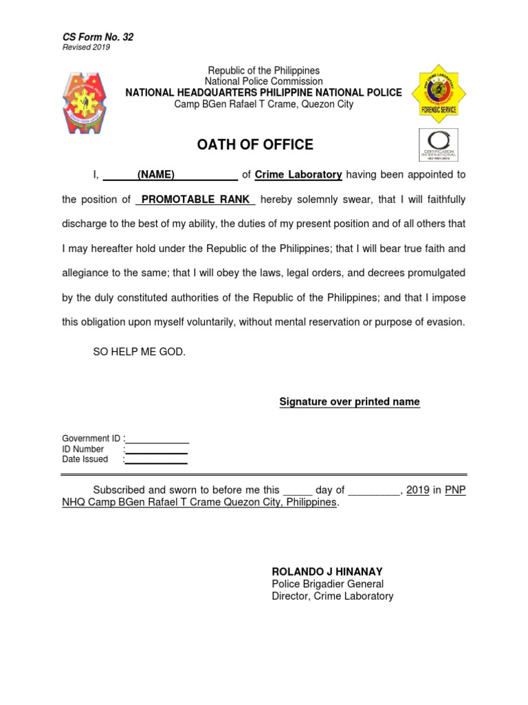 Oath of Office: National Headquarters Philippine National Police | PDF
