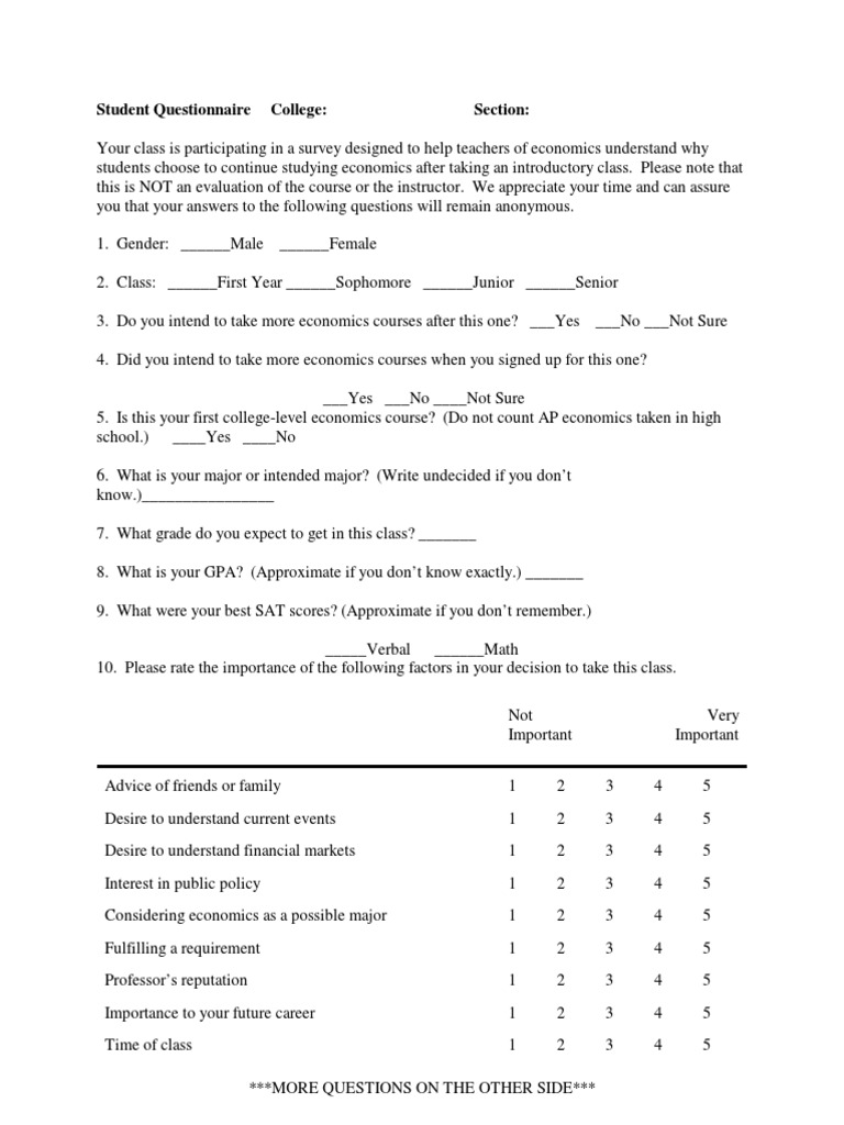 Student Questionnaire College: Section | PDF | Sat | Economics