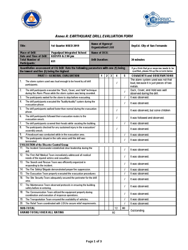 Annex A: Earthquake Drill Evaluation Form: EVALUATION of The Disaster ...