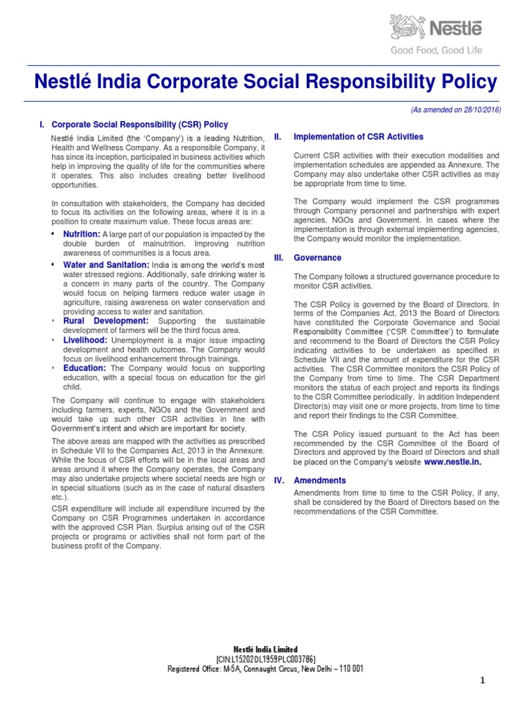 Nestlé India CSR Policy 10nov2016 | PDF | Corporate Social ...