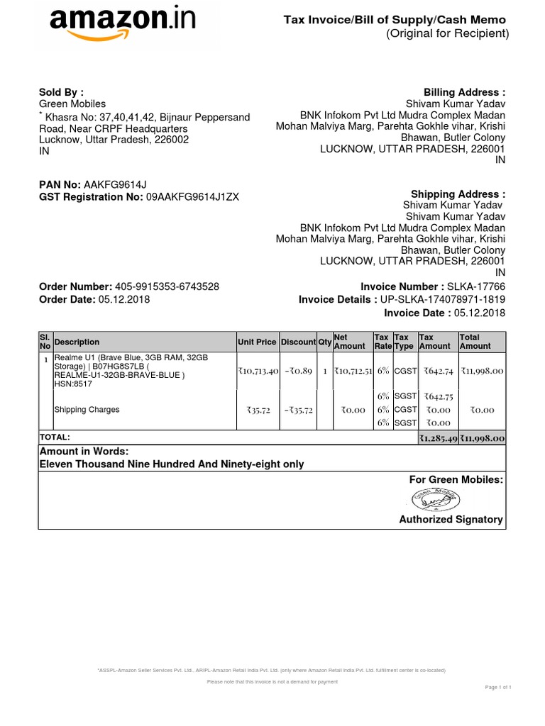 Invoice of Realme U1 | PDF | Invoice | Government Finances