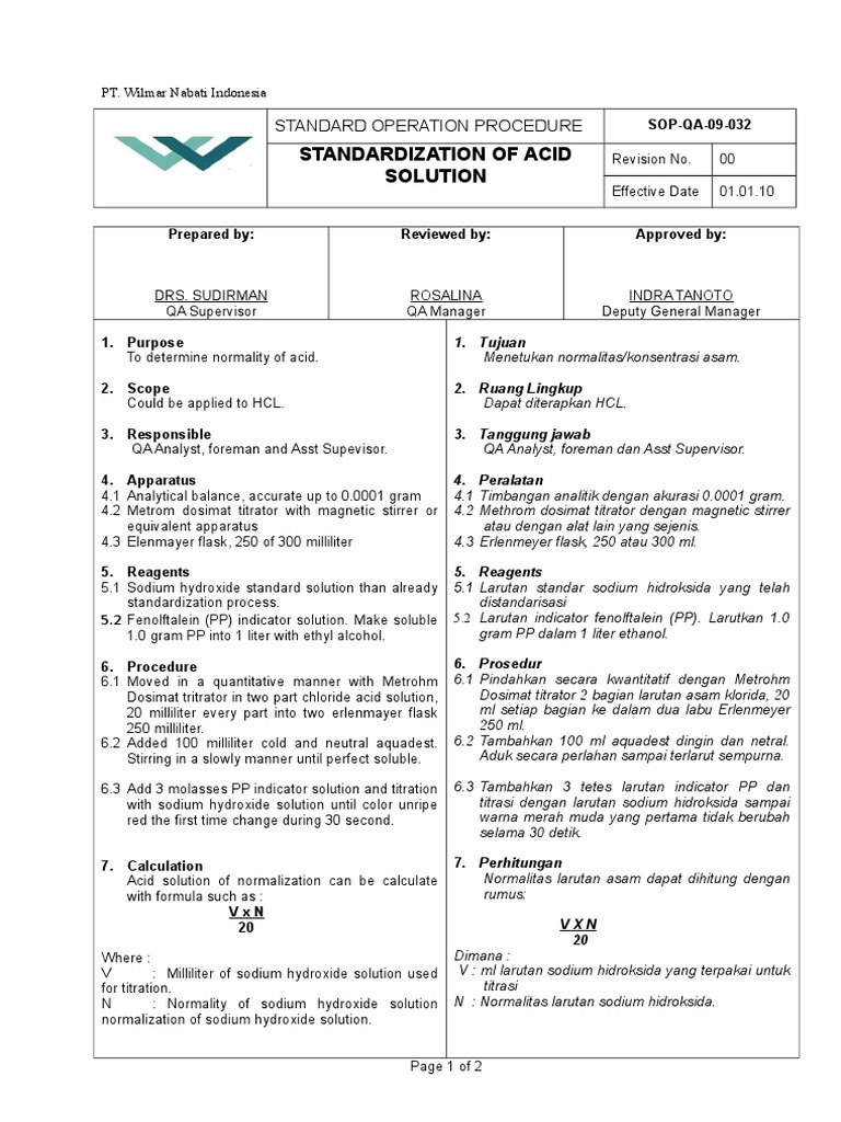 Standardization of Acid Solution | PDF | Hydrochloric Acid | Chemical ...