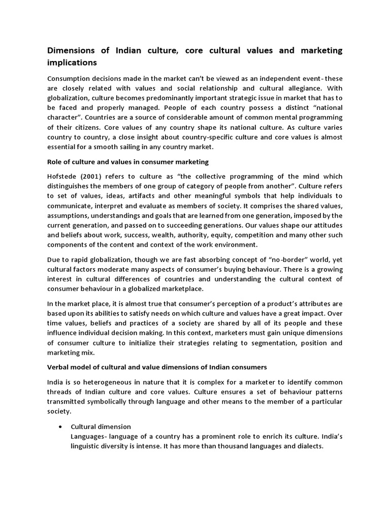 Dimensions of Indian Culture, Core Cultural Values and Marketing ...