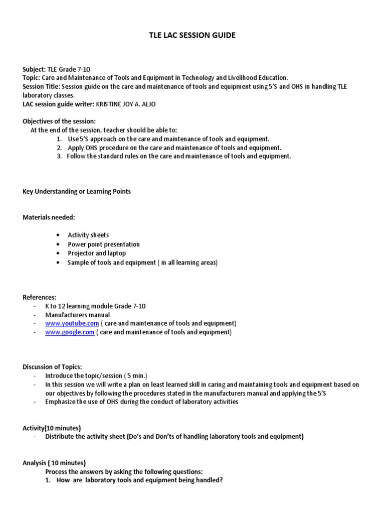LAC Session Guide: Tool Care in TLE | PDF | Art
